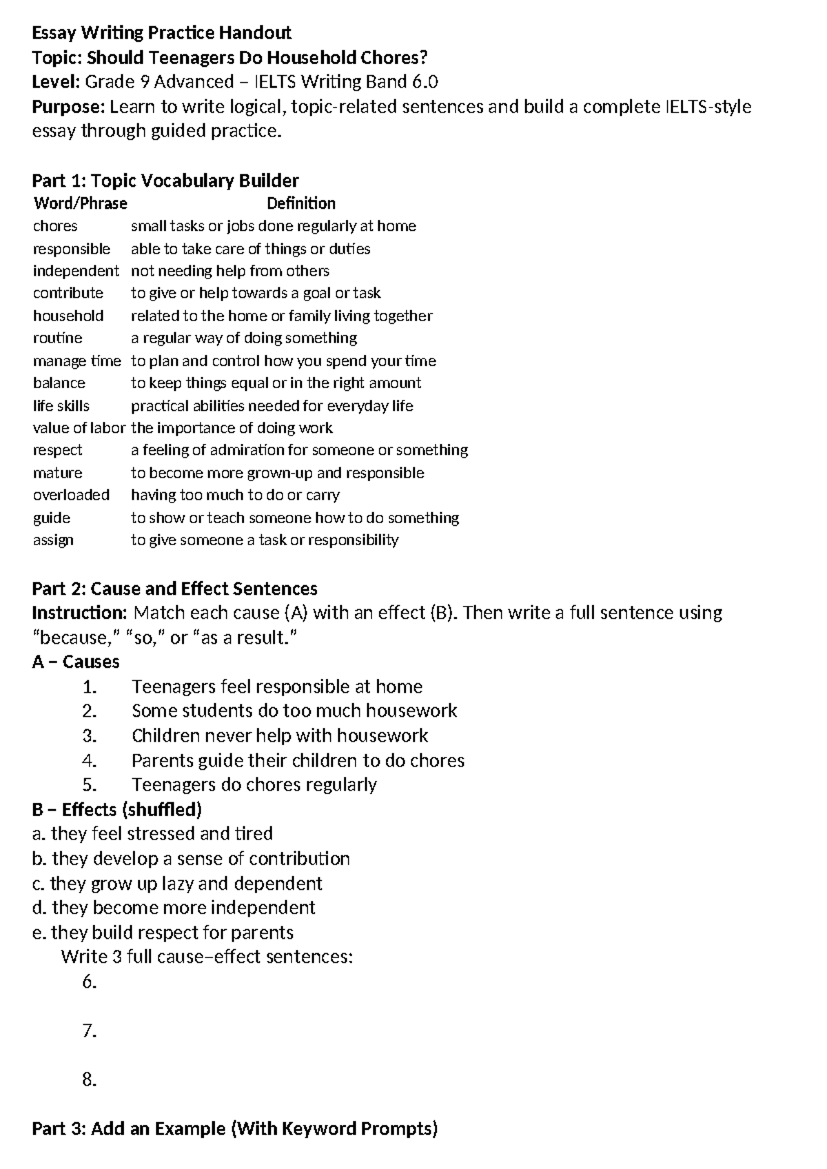 9NC Essay Writing Practice: Should Teens Do Household Chores? - Studocu
