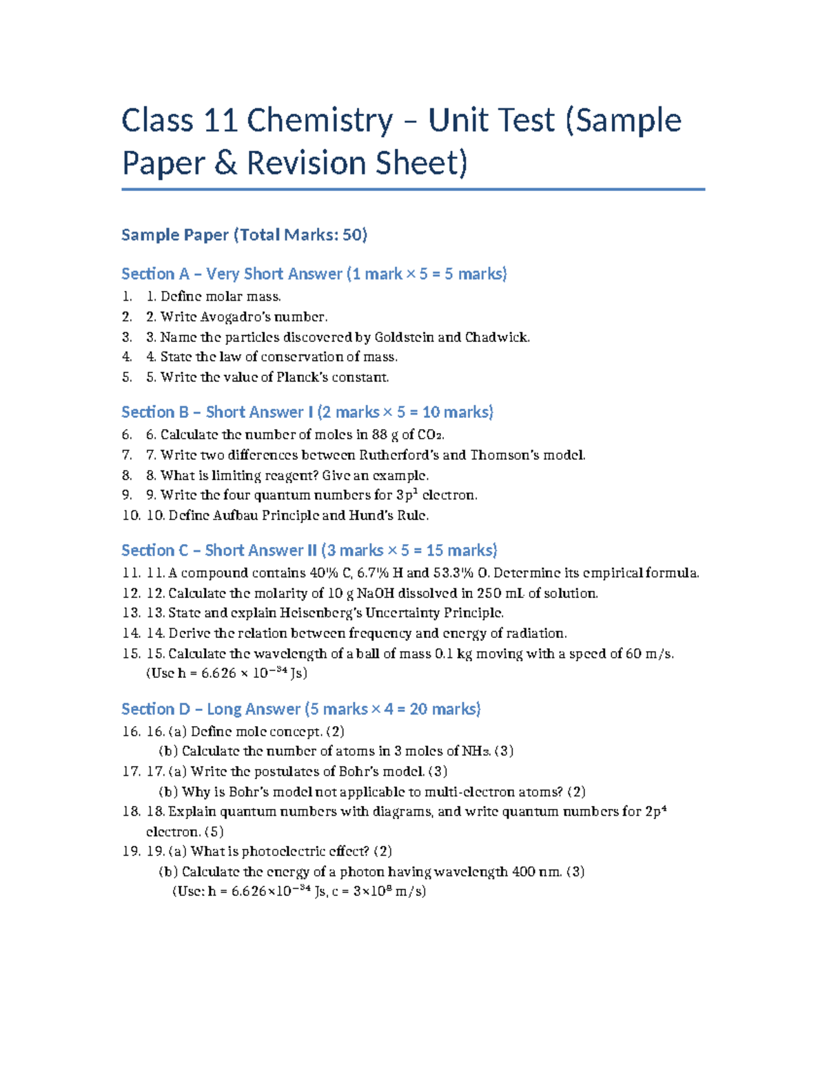 Class 11 Chemistry Unit Test Sample Paper Revision Guide - Studocu