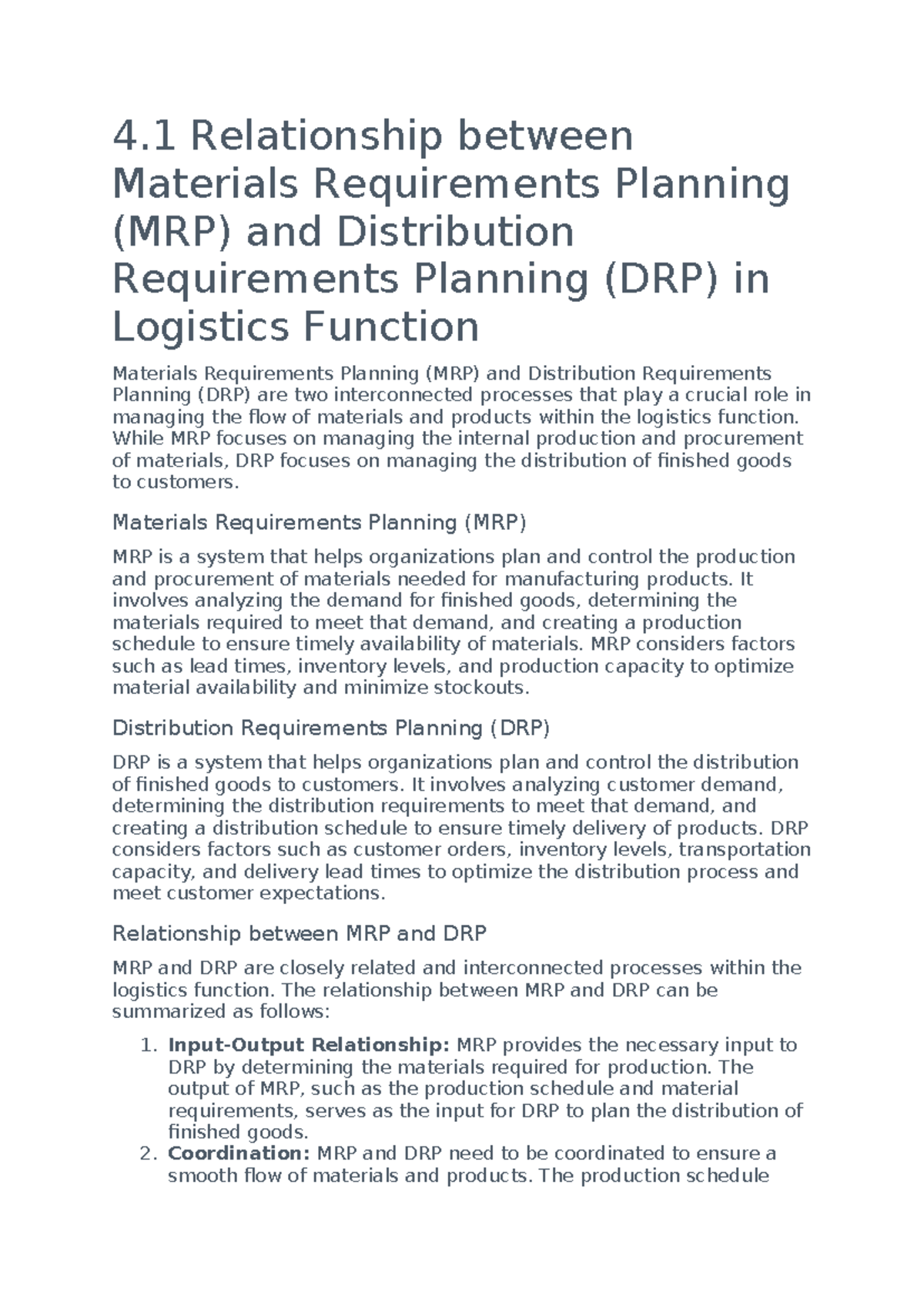 Supply Chain Management: MRP and DRP in Logistics Functions - Studocu