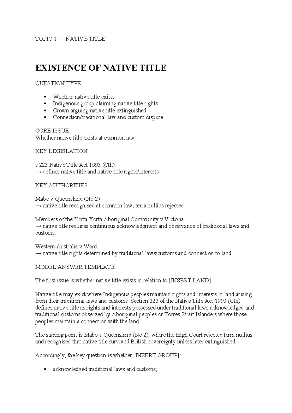 Native Title Exam Notes: Key Issues & Case Law Analysis - Studocu