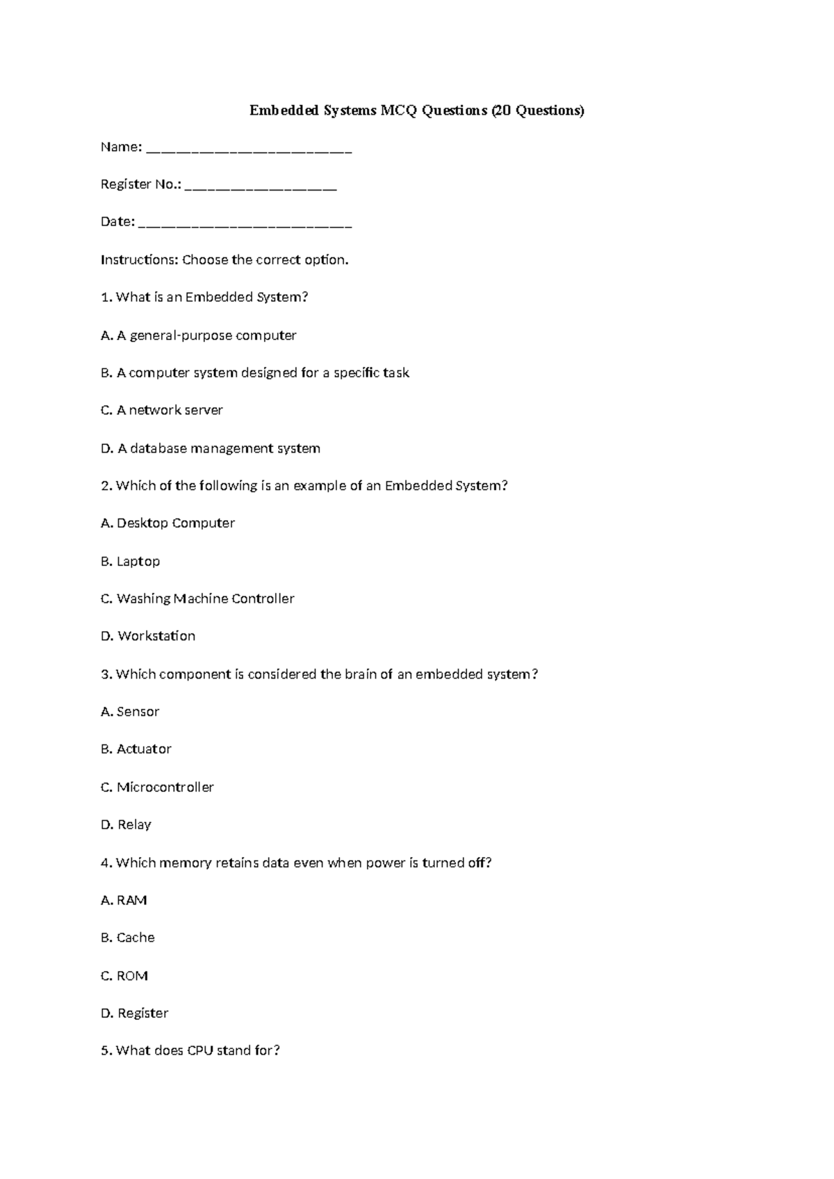 Embedded Systems MCQ Quiz (20 Questions) - Studocu