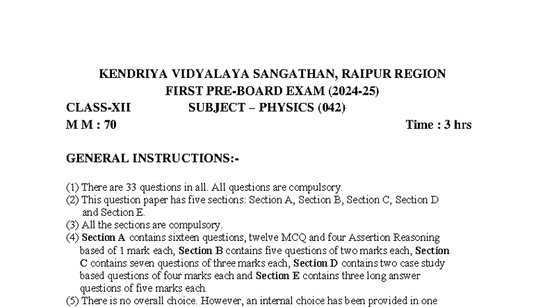 QP Physics XII I PB - Practice for First Exam (042) - Studocu