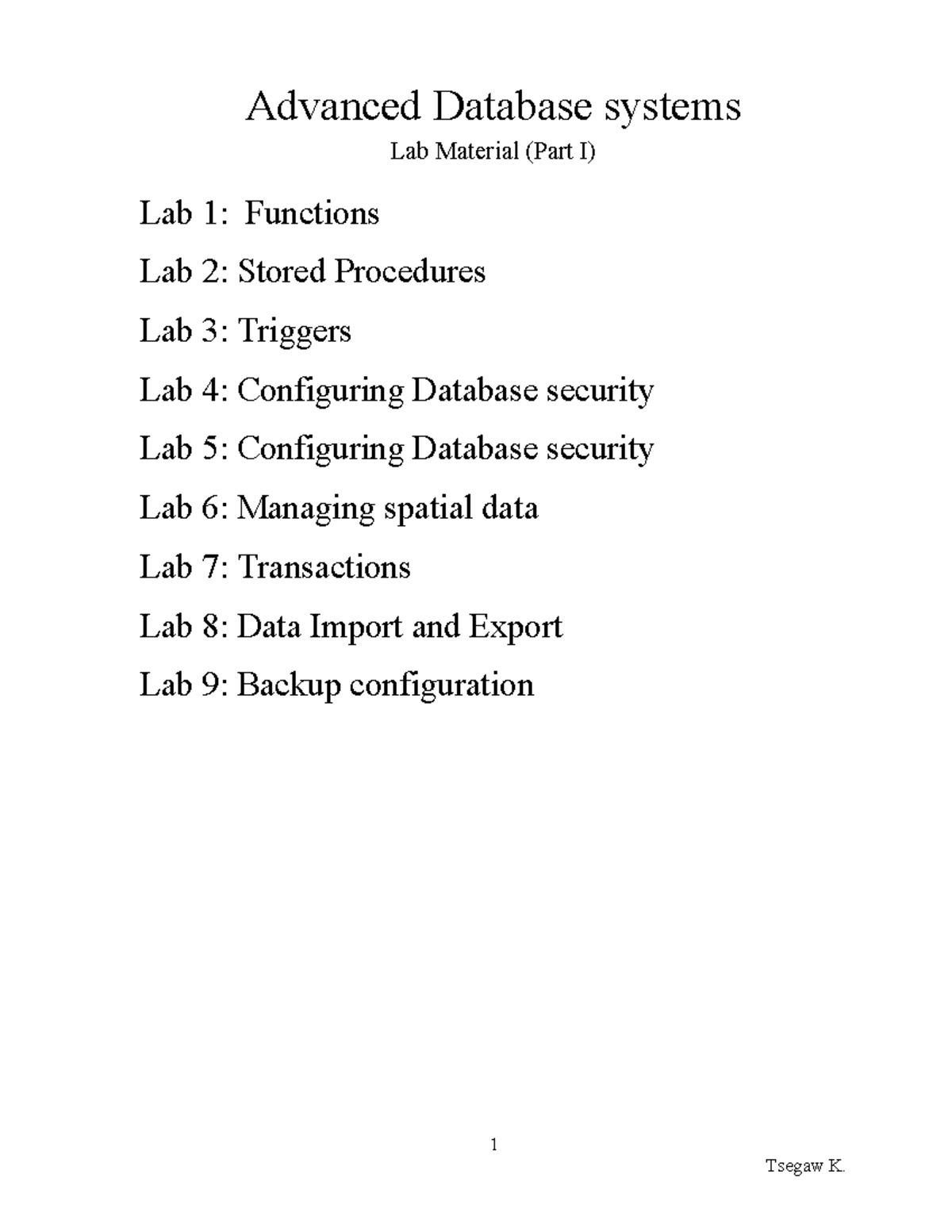 Advanced Database Systems Lab Material P: Functions, Procedures ...