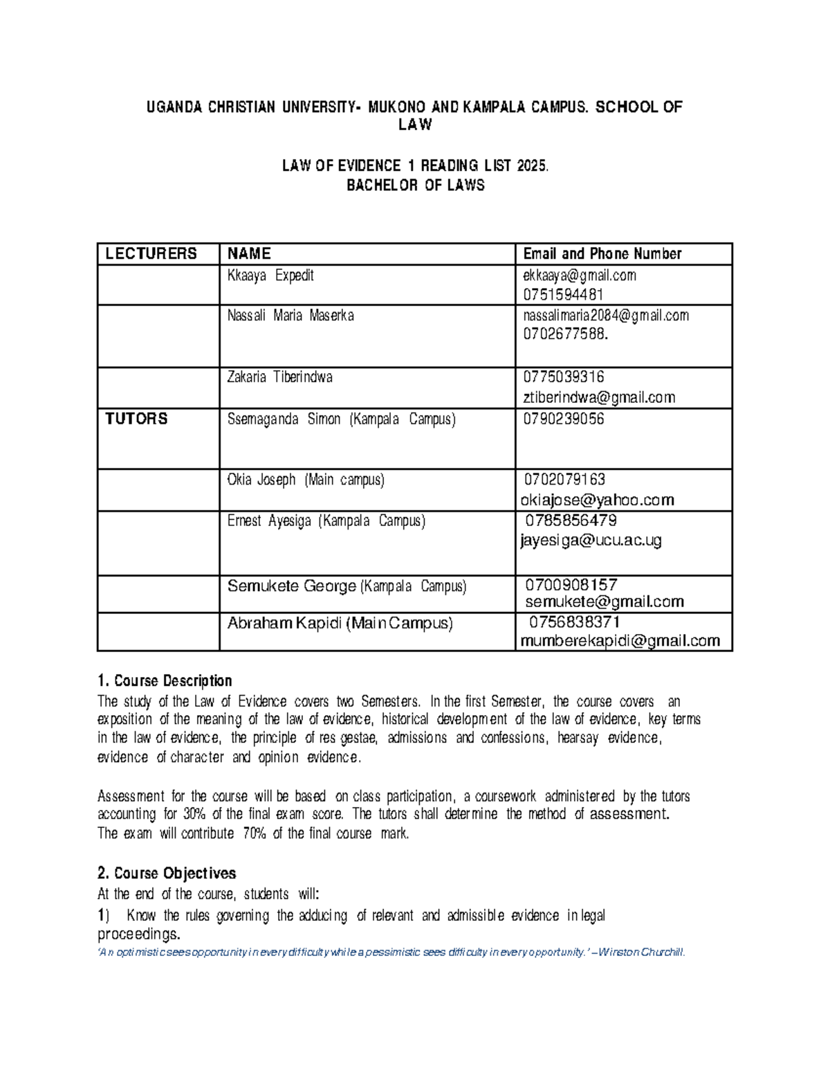Law of Evidence 1 Reading List - UGANDA LAW SCHOOL 2025 - Studocu