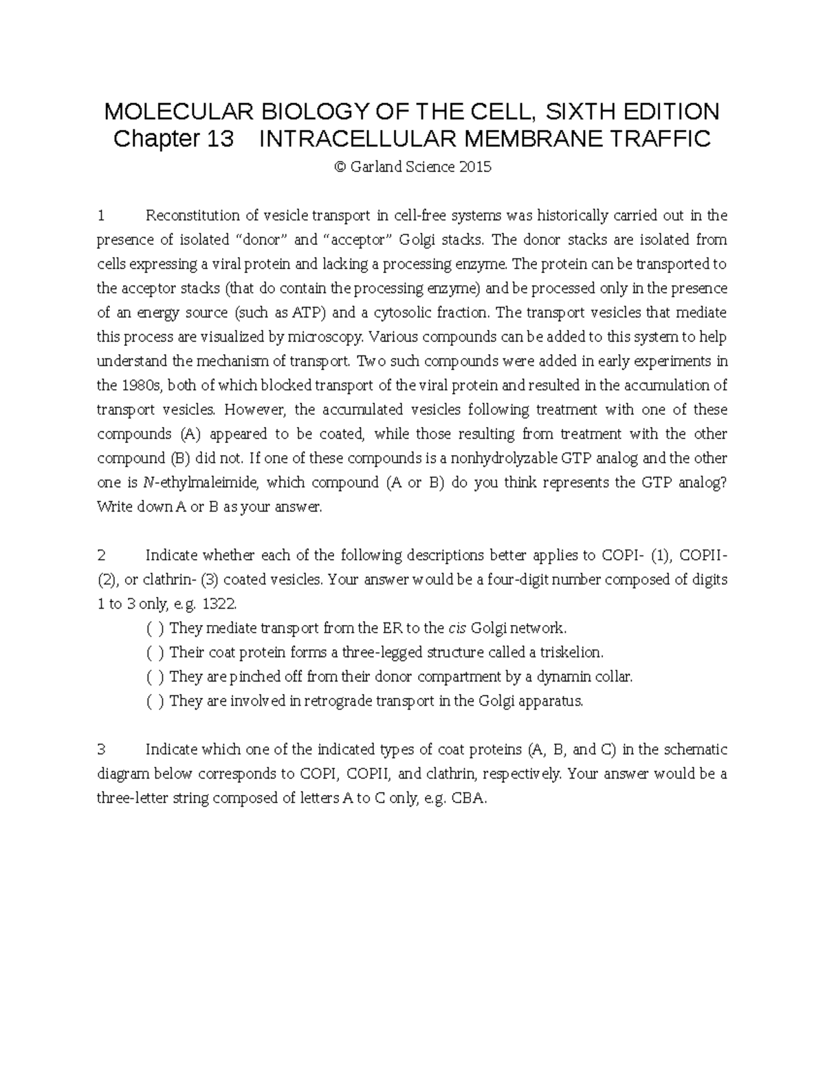 Exam 3 Practice Test Bank - Cellular Biology Membrane Traffic Topics ...