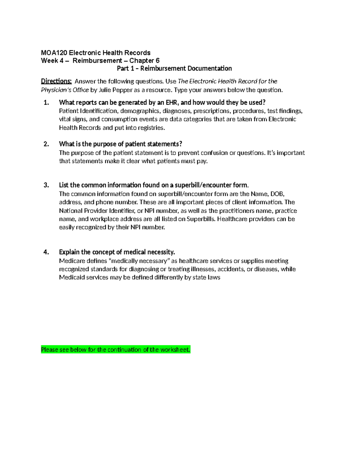 MOA120 EHR Reimbursement Overview – Week 4 Chapter 6 Insights - Studocu