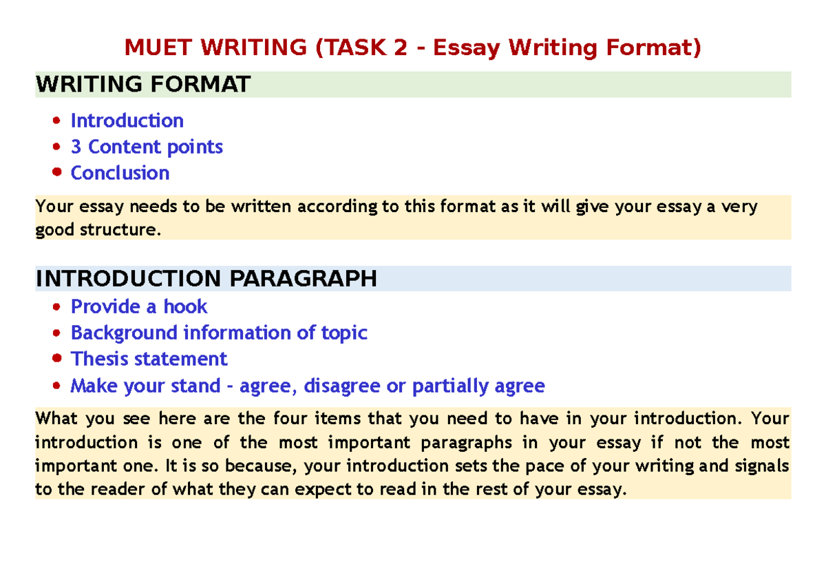 MUET Writing Task 2 - Essay Structure and Introduction Guide - Studocu