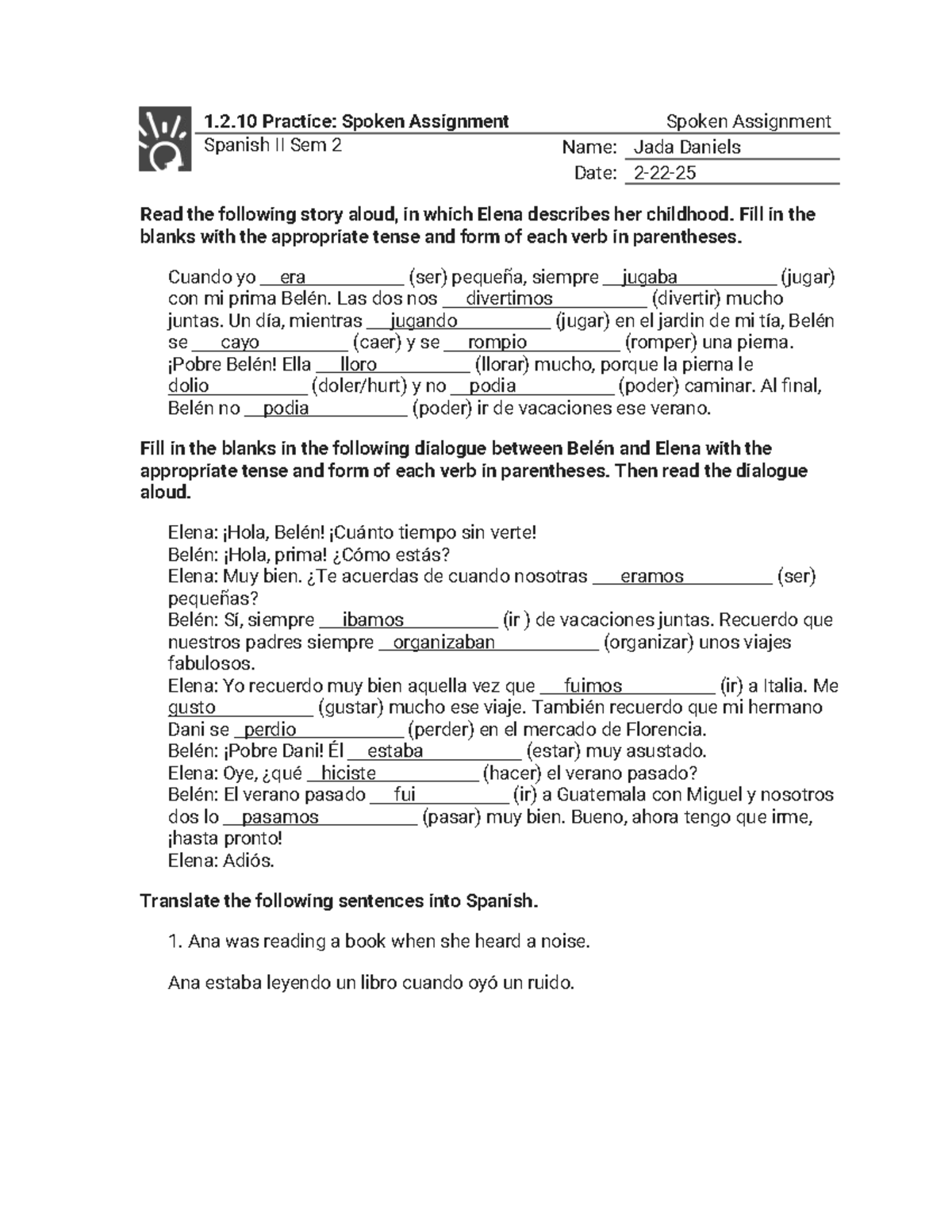 1.2.10 Practice - Spoken Assignment for Spanish II Sem 2 - Studocu