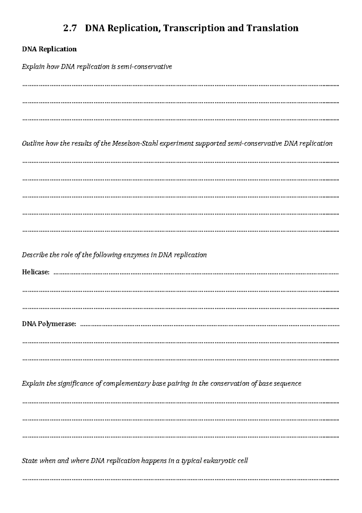 DNA replication worksheet - 2 DNA Replication, Transcription and ...