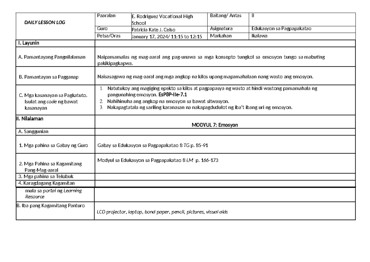 COT2-Emosyon-Lesson Plan for Grade 8 - January 17, 2024 - Studocu