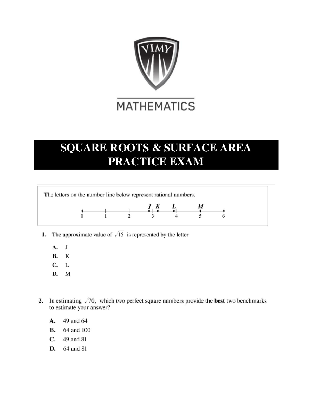 Chapter 1 Practice Exam 2018 - SQUARE ROOTS & SURFACE AREA PRACTICE ...