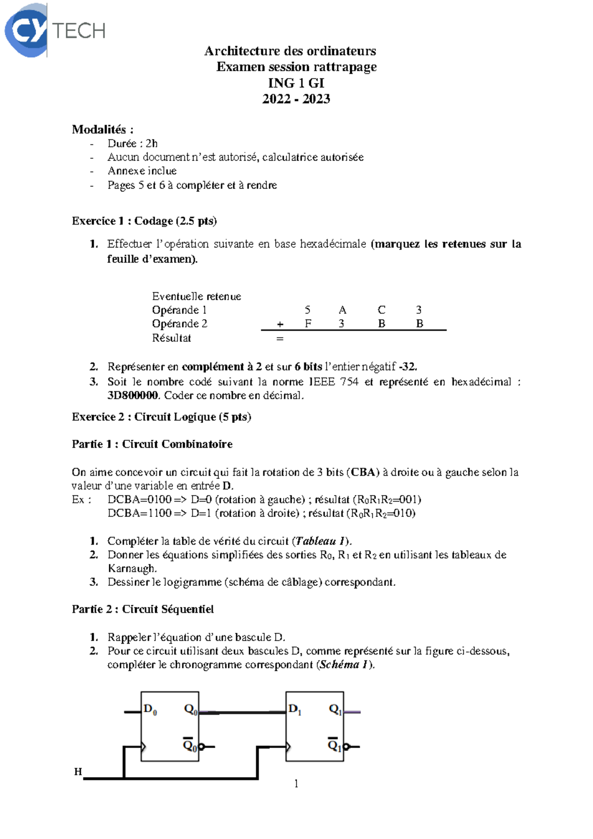 Architecture des ordinateurs Examen de rattrapage ING 1 GI 2022-2023 ...