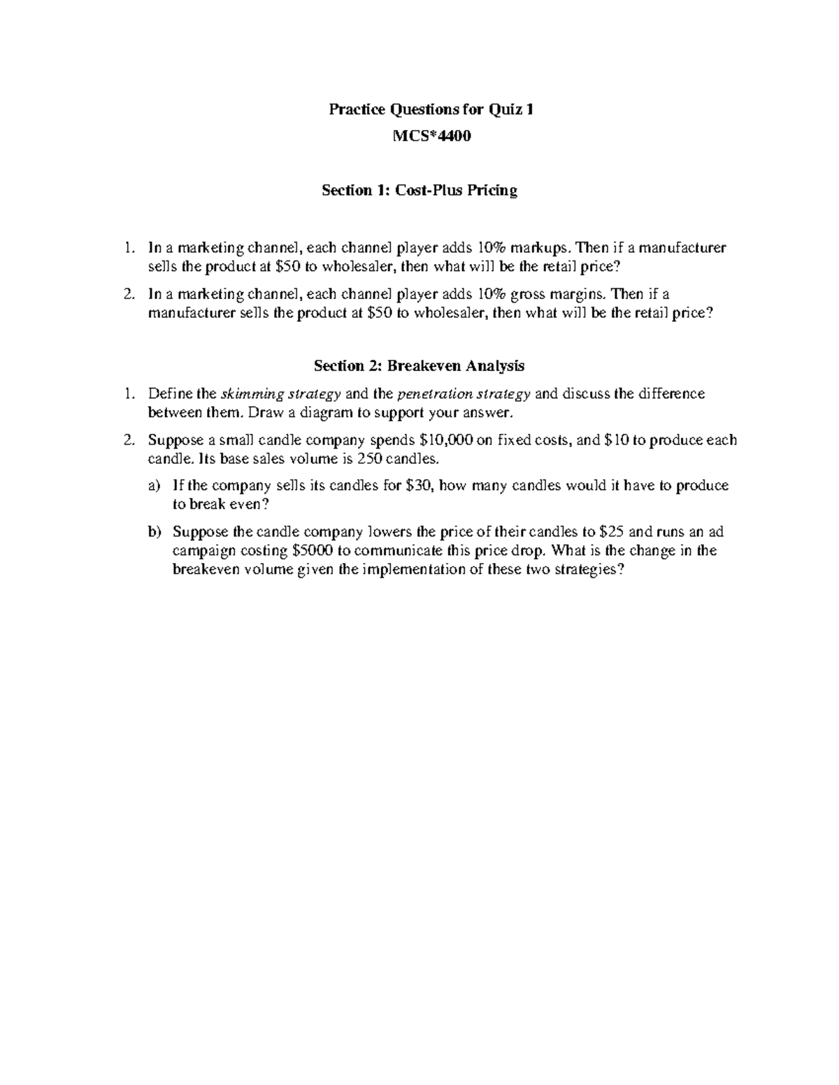 Quiz 1 Practice Questions & Answer Key: Pricing & Breakeven Analysis - Studocu