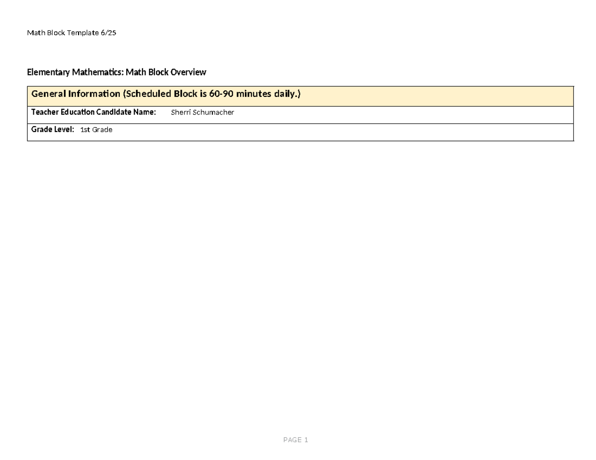 Math Block Planning Template: 1st Grade Math Strategies Overview - Studocu
