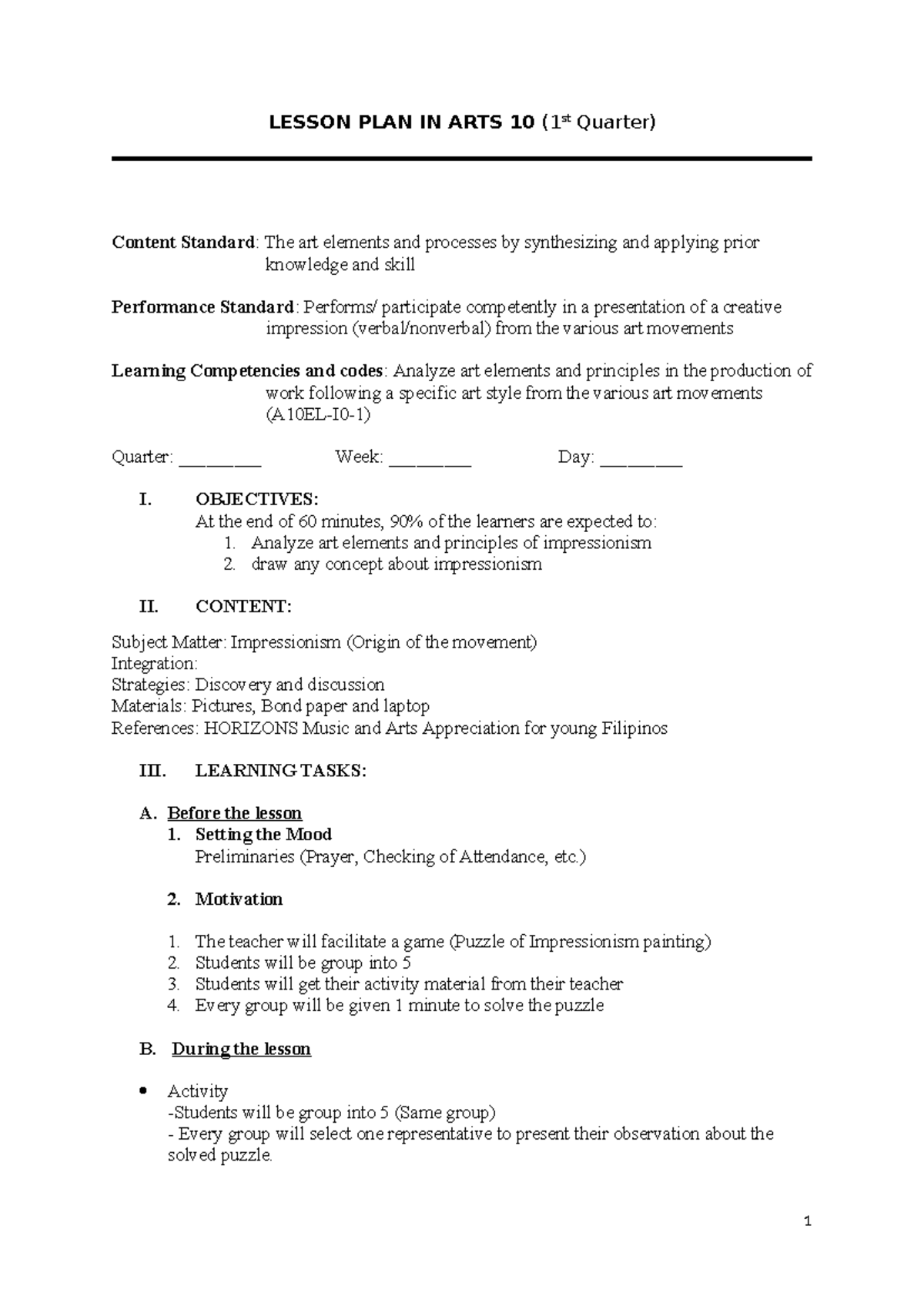 LESSON PLAN IN ARTS 10: Impressionism Overview and Activities - Studocu