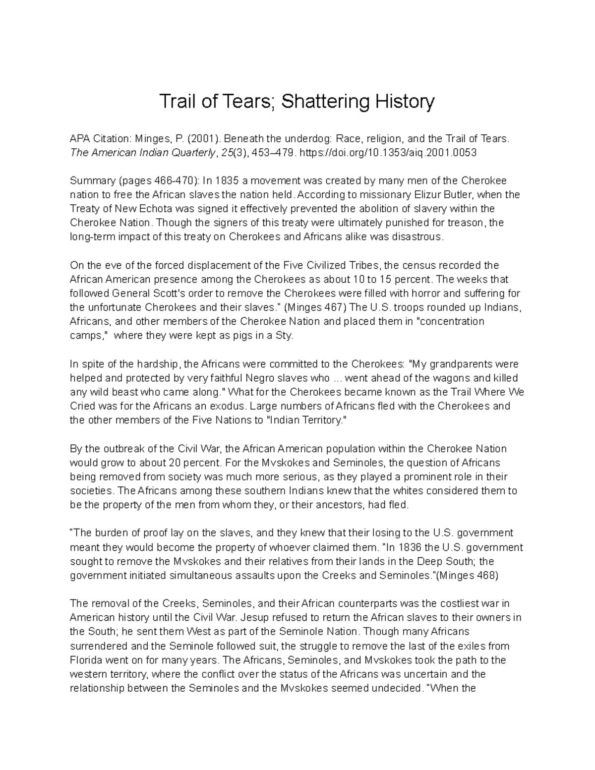 Summary of 'Beneath the Underdog': Trail of Tears Analysis - Studocu