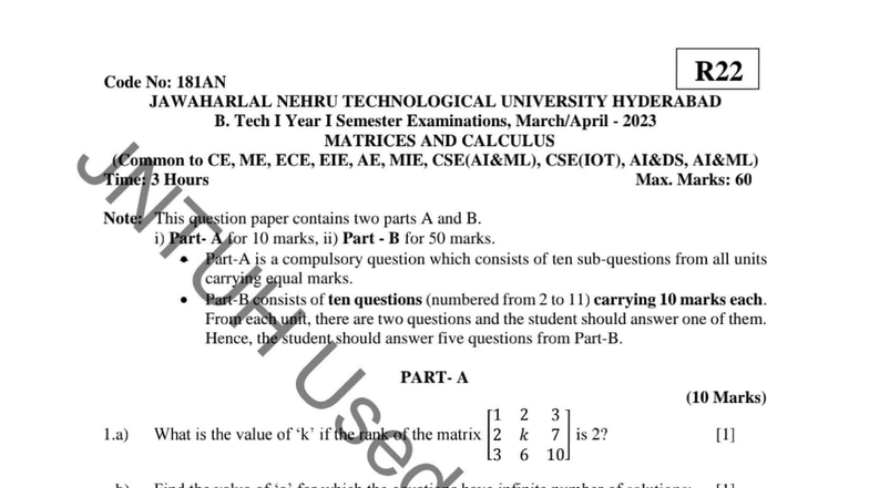 R22 Code No: 181AN B. Tech I Year I Semester Exam 2023 - Matrices ...