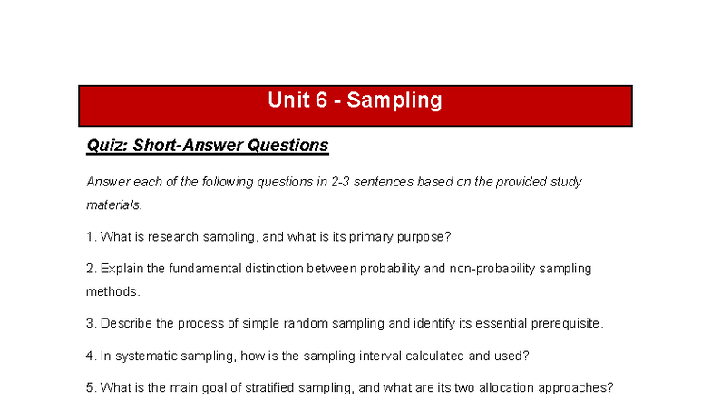 Unit 6 Sampling Quiz: Key Concepts and Questions - Studocu