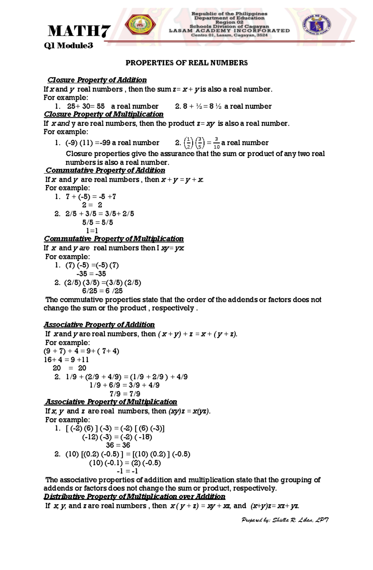 MATH7 M3 - Module - Q1 Module PROPERTIES OF REAL NUMBERS Closure ...