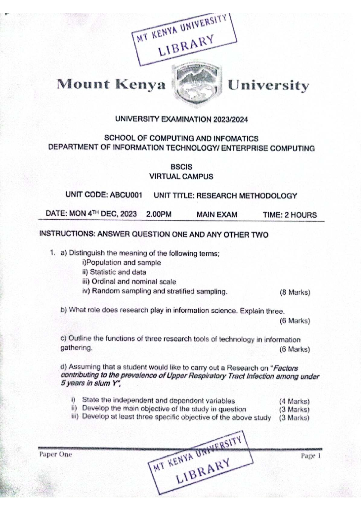 ABCU001 Research Methodology Final Exam - MT Kenya University - Studocu