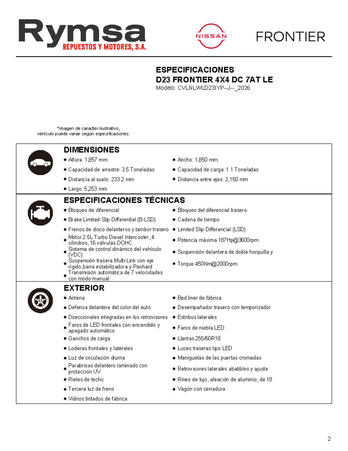 ESPECIFICACIONES TÉCNICAS D23 FRONTIER 4X4 DC 7AT LE - Studocu