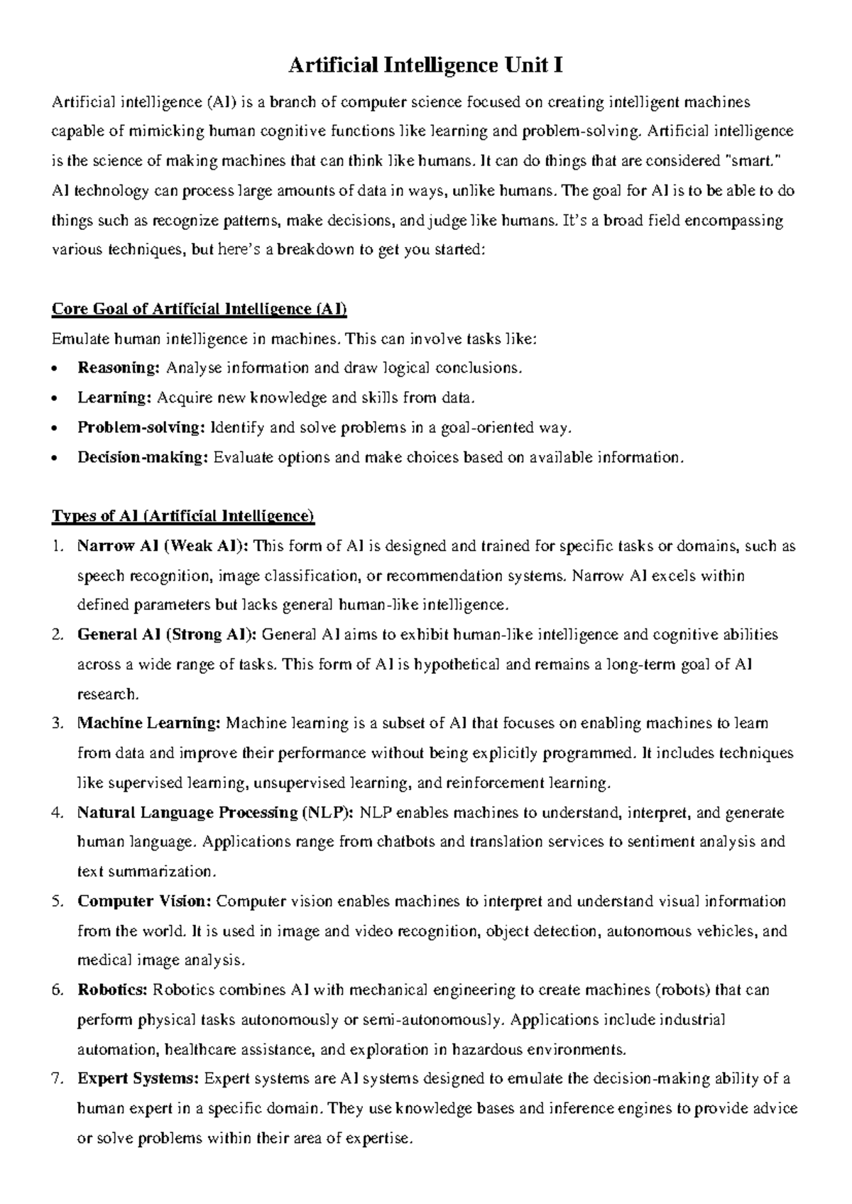 AI Unit I: Introduction to Artificial Intelligence Concepts ...