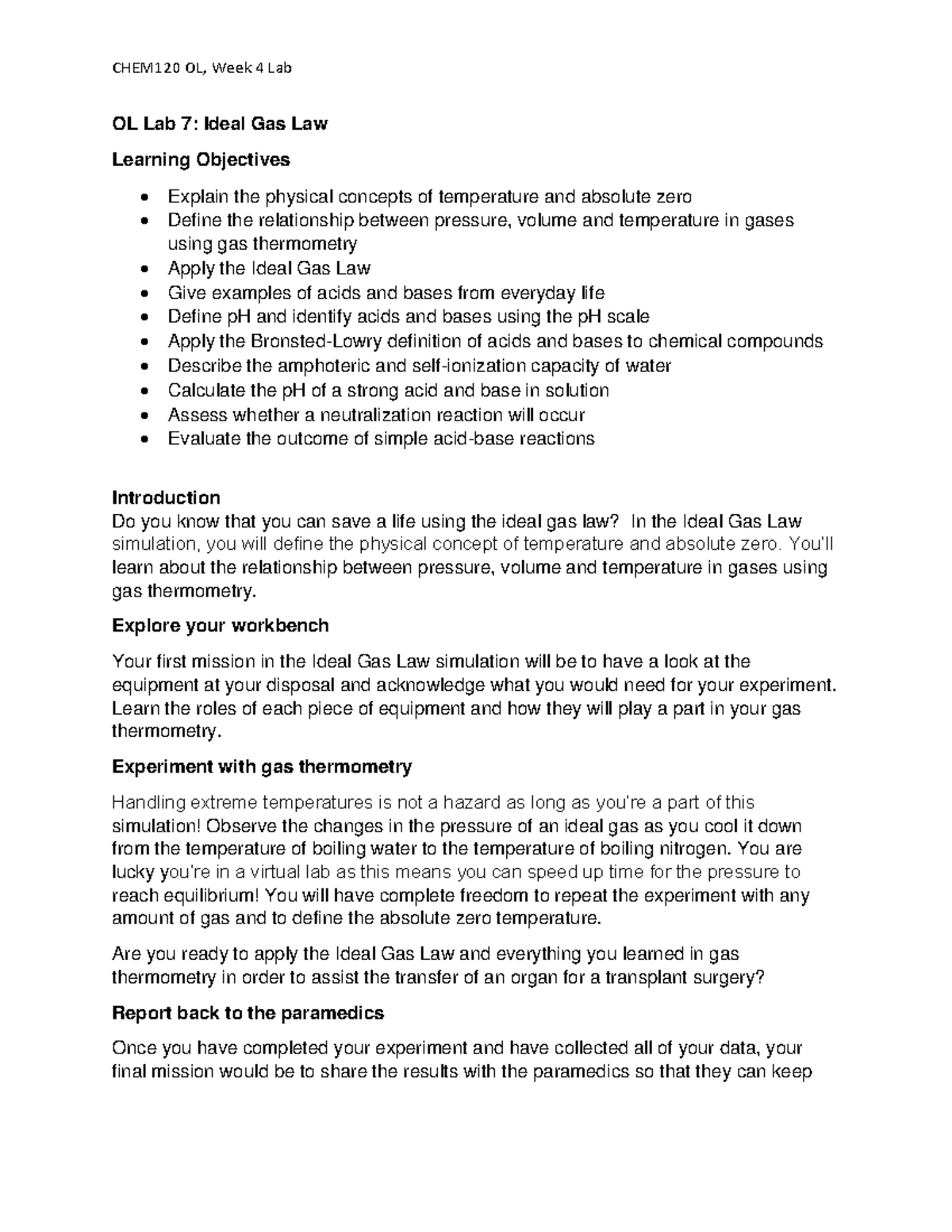 Week 4 Lab- Ideal Gas Law and Acids and Bases - OL Lab 7 : Ideal Gas ...