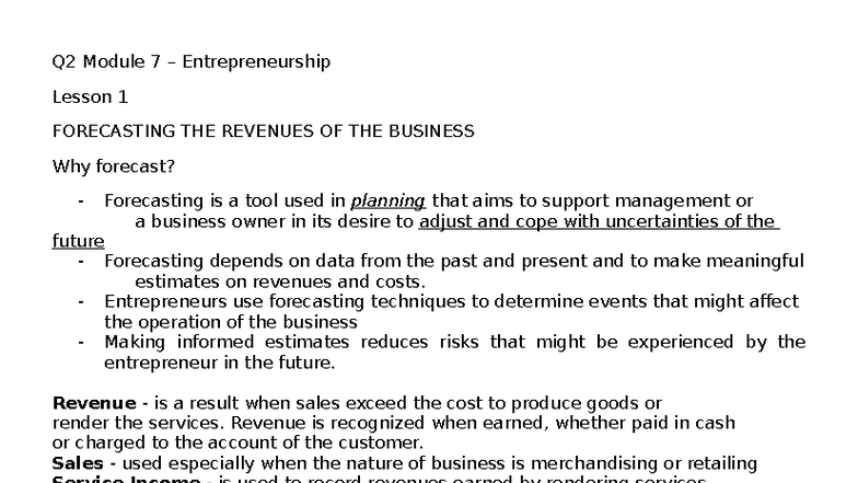 Entrep Q2 Module 7 Lesson 1: Revenue Forecasting Techniques - Studocu