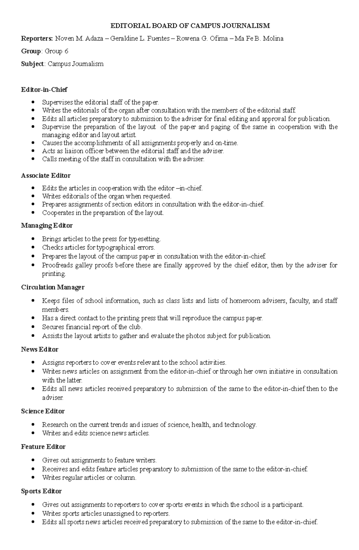Editorial Board Roles in Campus Journalism: Group 6 Report - Studocu