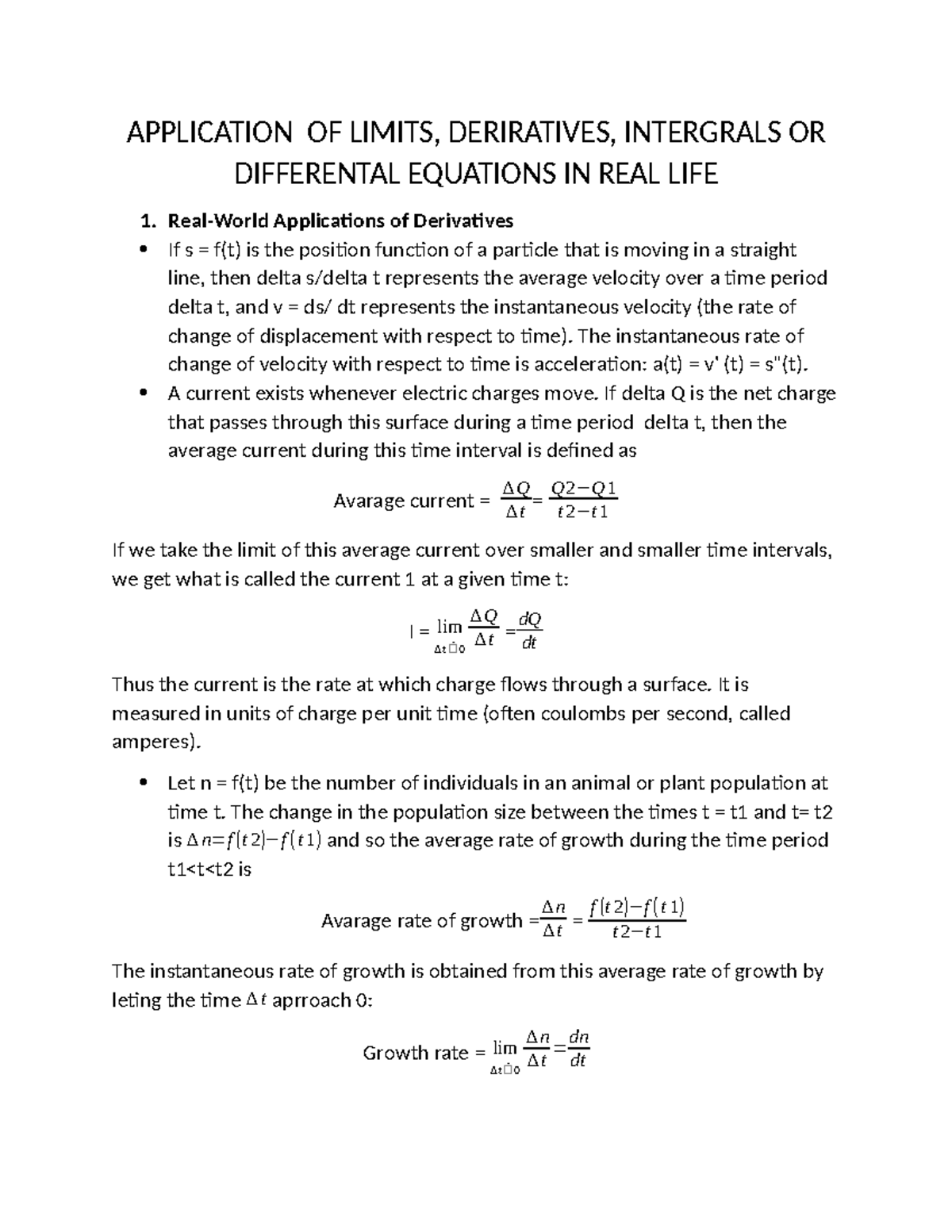 Application OF Limits - APPLICATION OF LIMITS, DERIRATIVES, INTERGRALS ...