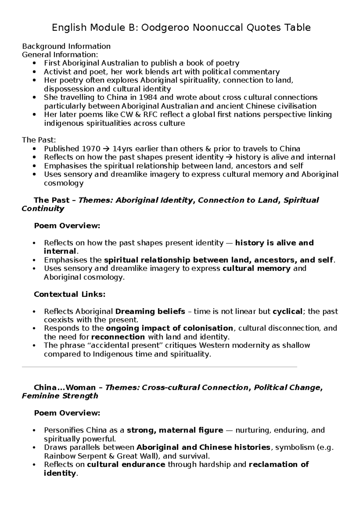 English Mod B: Oodgeroo Noonuccal Quotes & Analysis Table - Studocu
