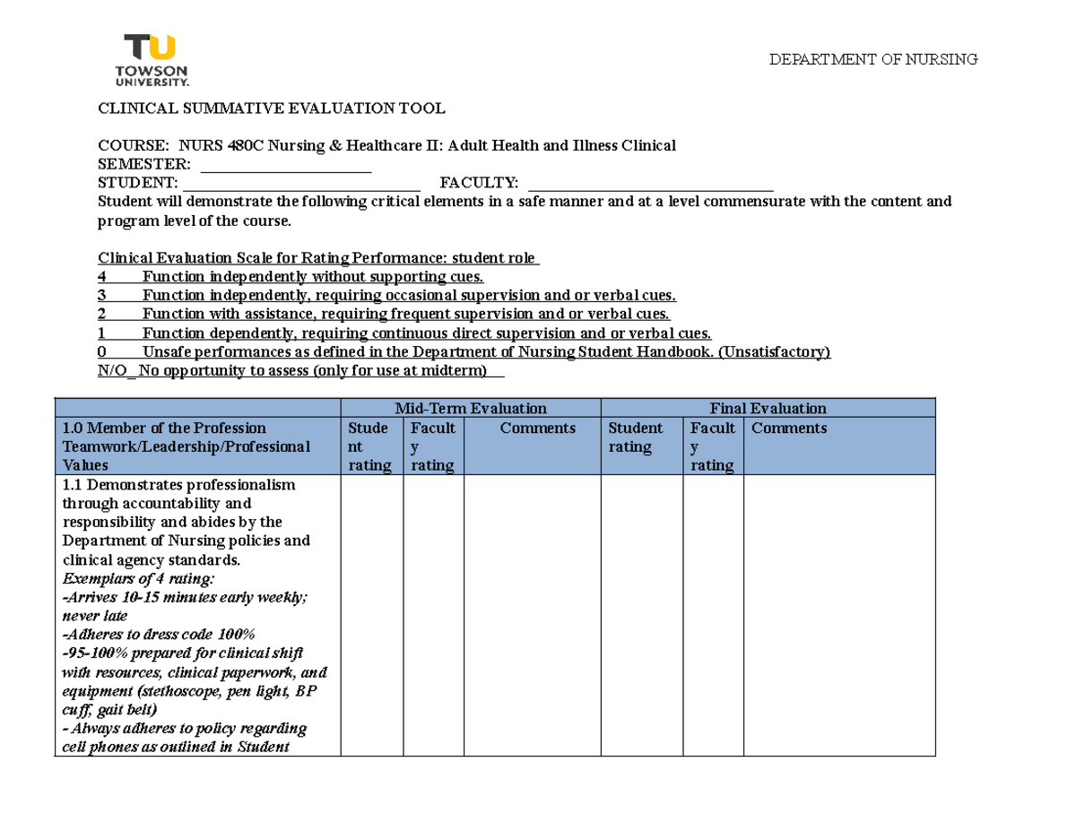 Clinical Summative Evaluation Tool for NURS 480C Nursing II - Studocu