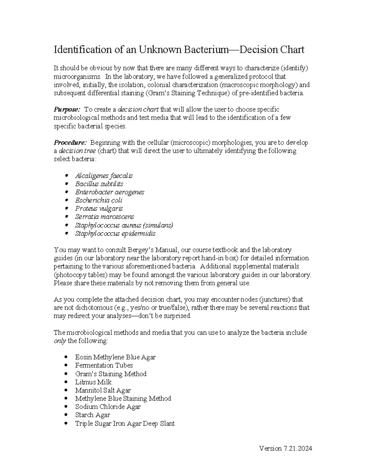 Identification of Unknown Bacterium SU24: Decision Chart Guide - Studocu