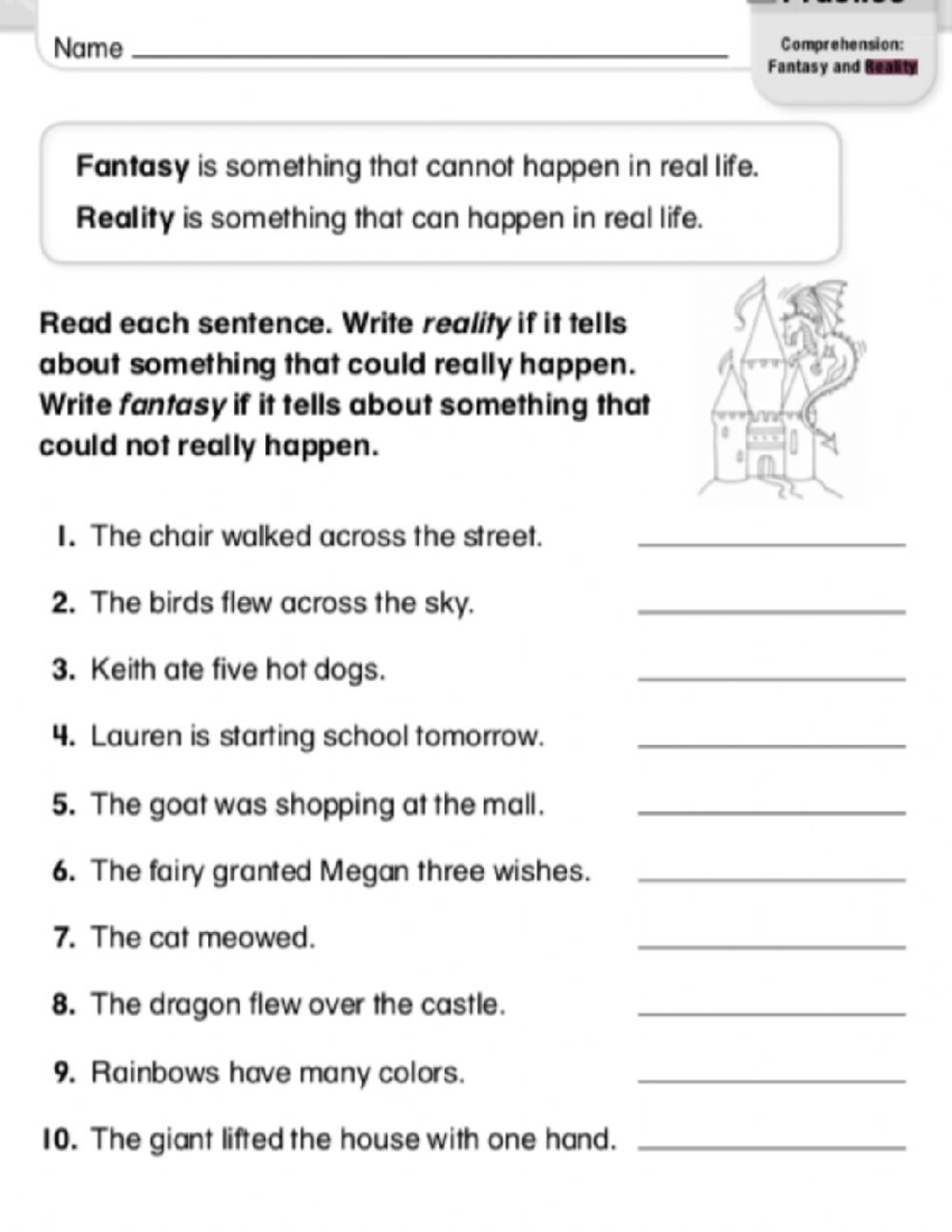Fantasy And Reality Worksheets