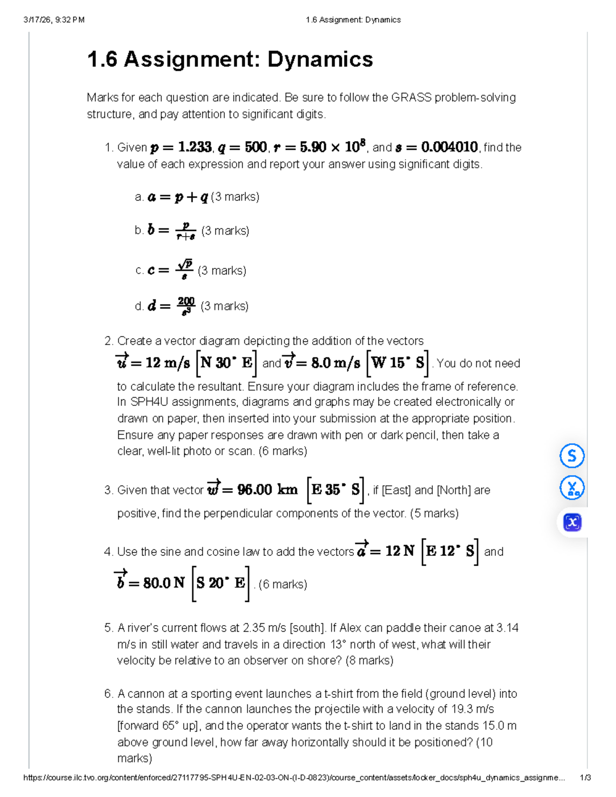 SPH4U 1.6 Assignment: Dynamics Problem Set and Solutions - Studocu