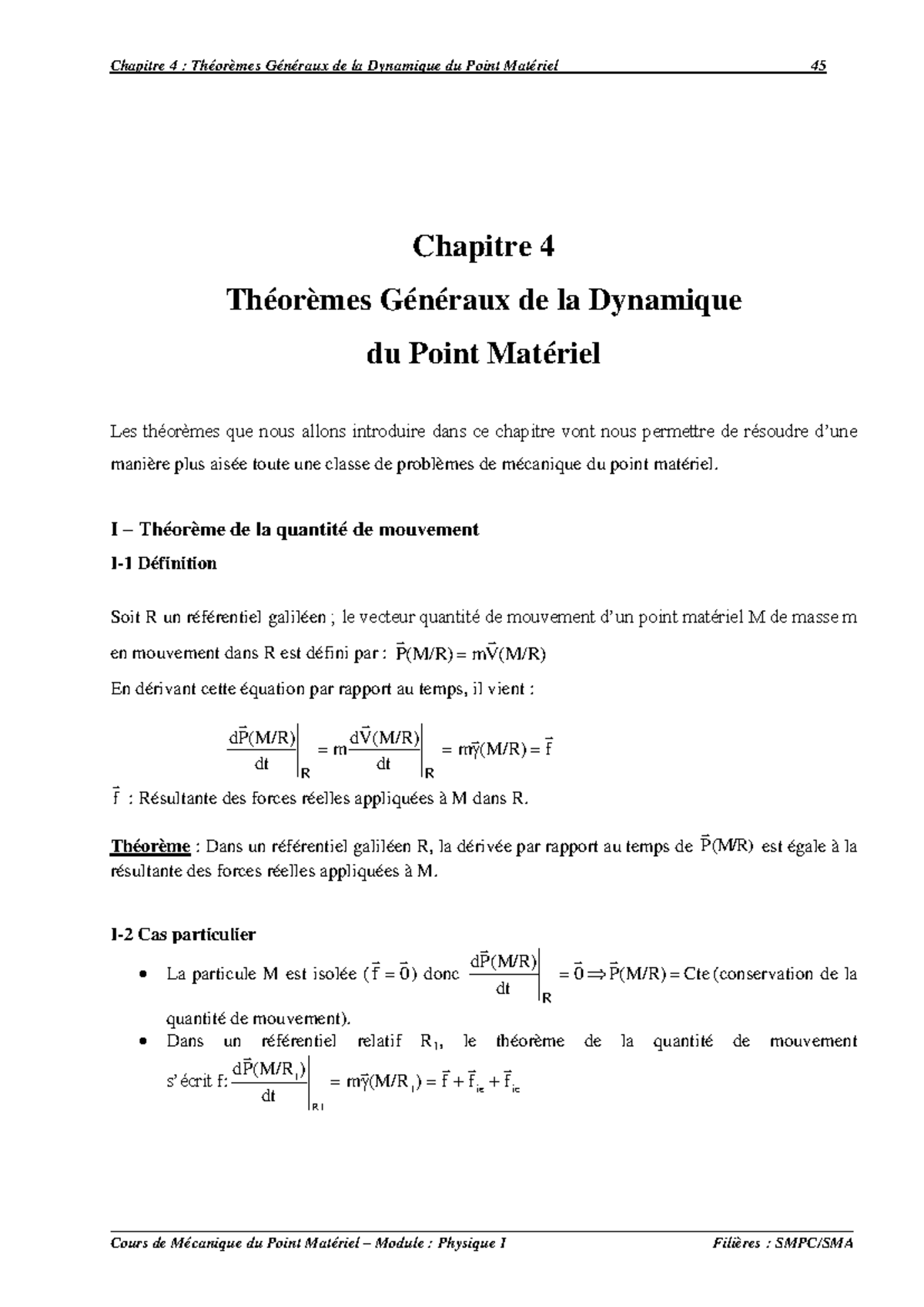 Chapitre 4: Théorèmes Généraux de la Dynamique - SMPC-S1-2020 - Studocu