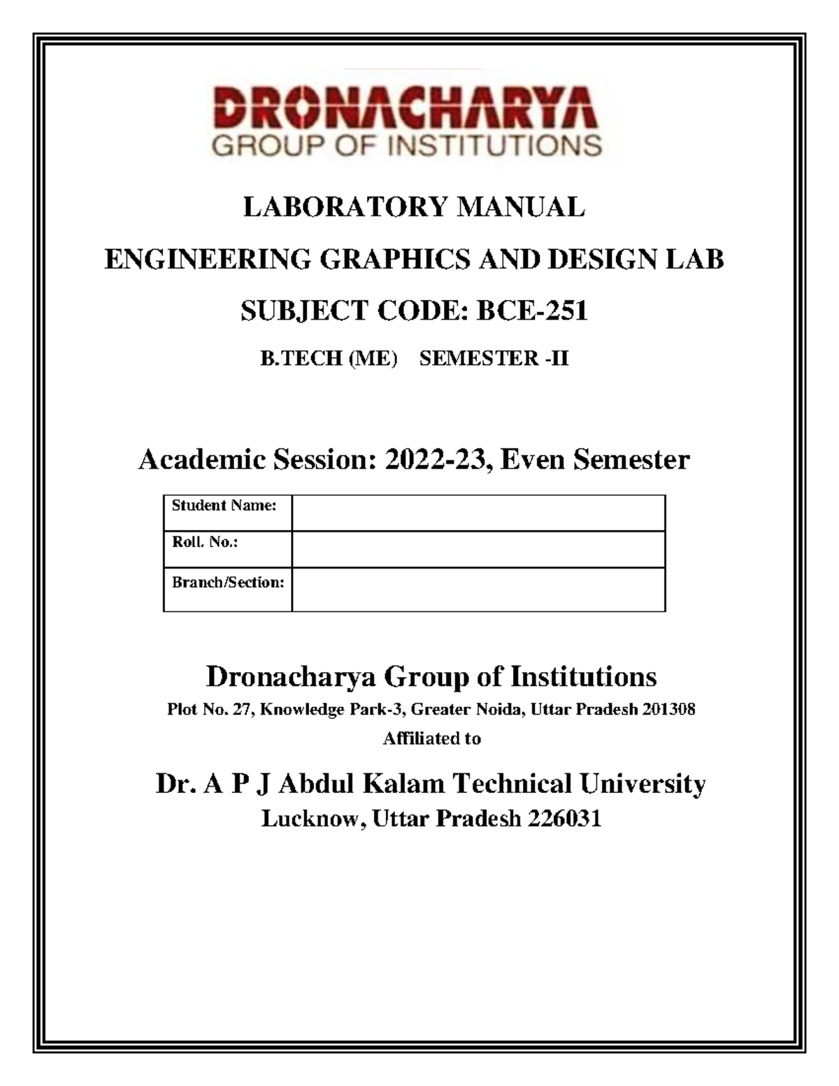 Engineering Graphics and Design Lab Manual (BCE 251) - Semester II ...