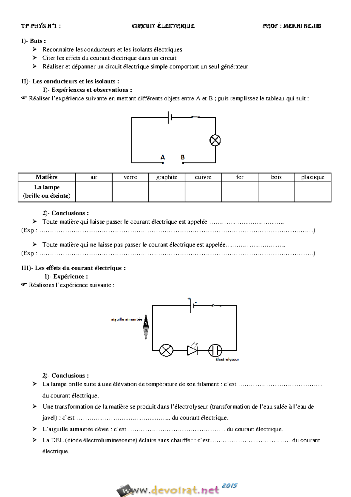 Cours - Physique - Tp Circuit Électrique - 1ère AS (2014-2015 ) Mr mekni nejib - TP PHYS N°1 ...