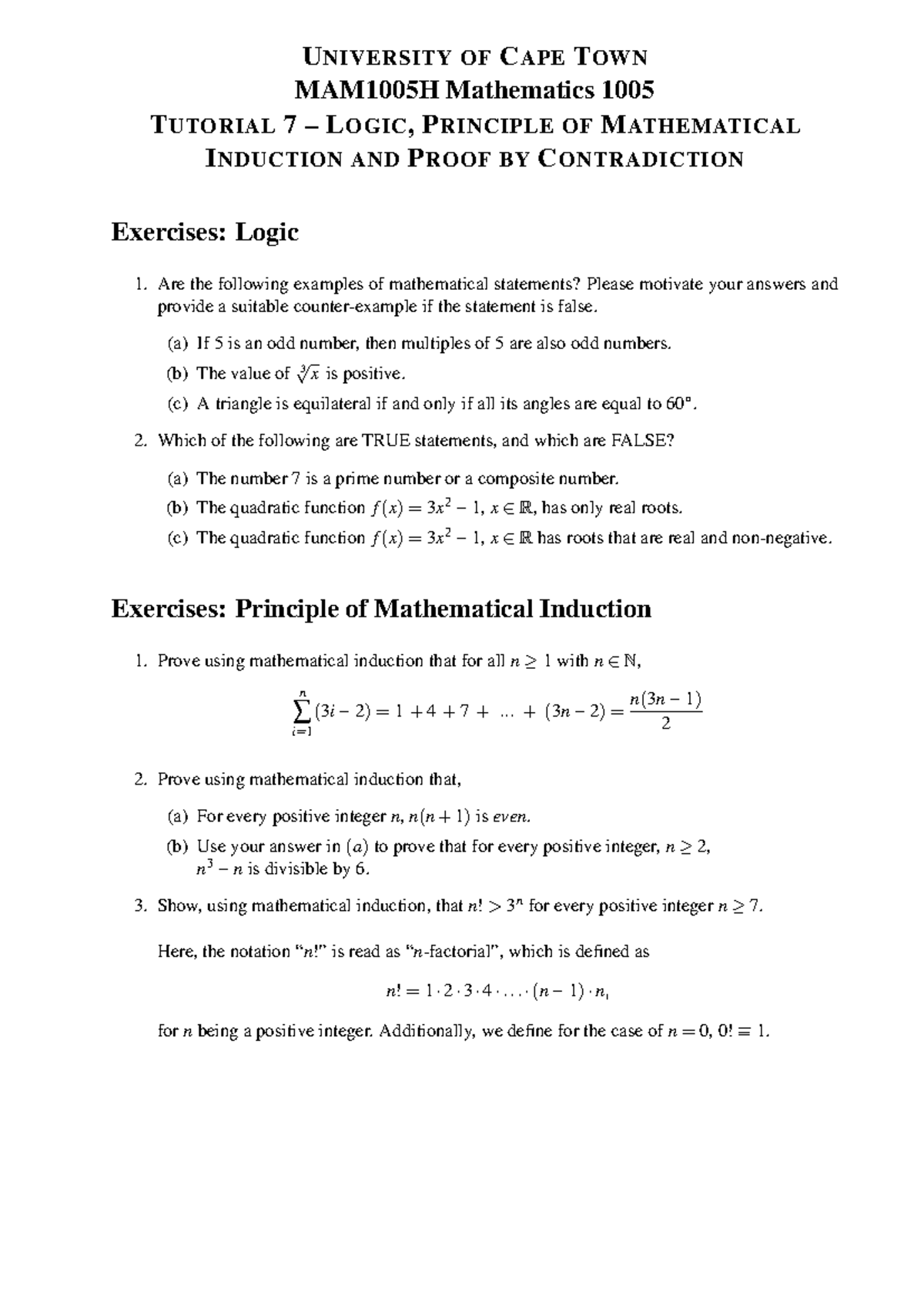 MAM1005H Mathematics 1005 Tutorial 7: Logic & Induction Exercises - Studocu