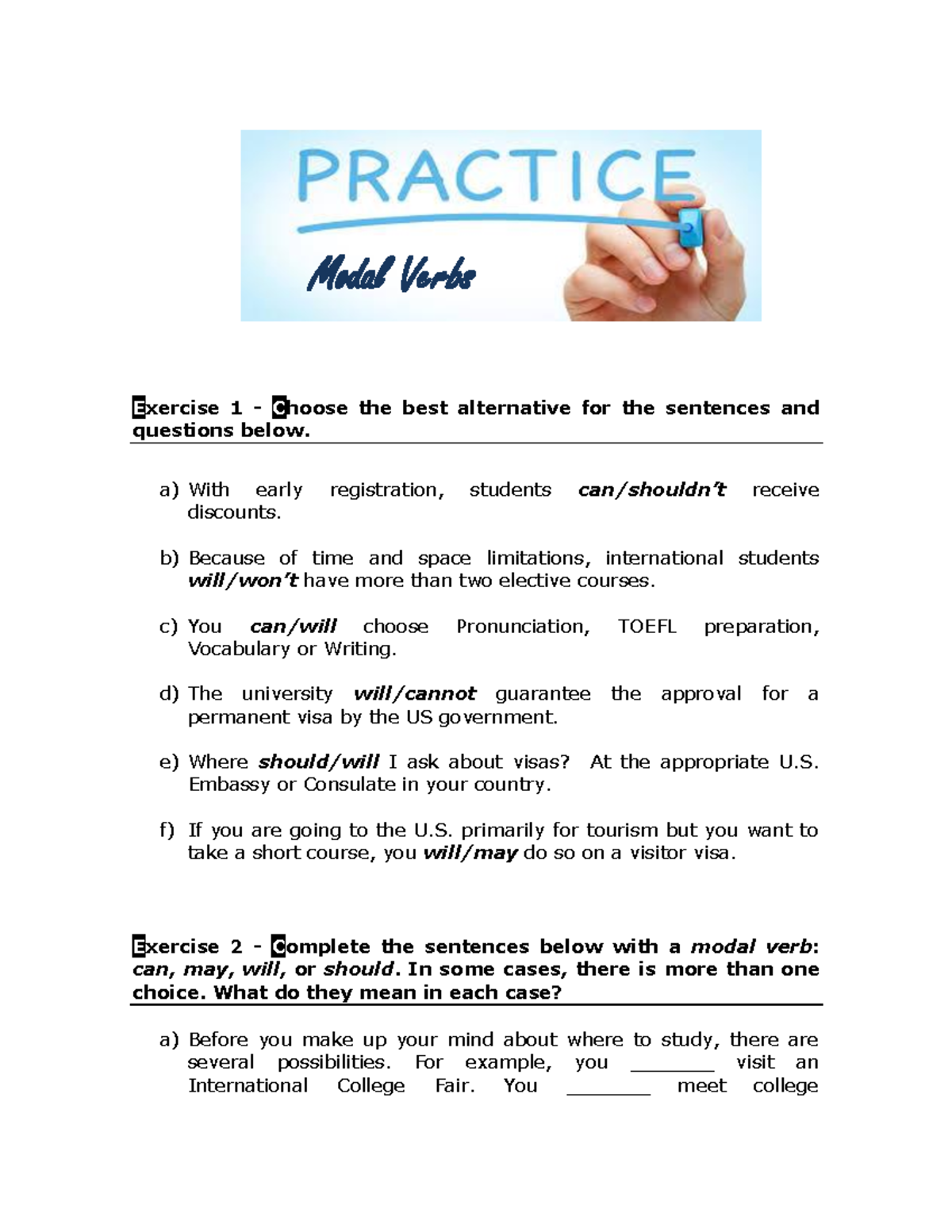 Grammar- Practice- Modal- Verbs 1 2 - Modal Verbs Exercise 1 - Choose ...