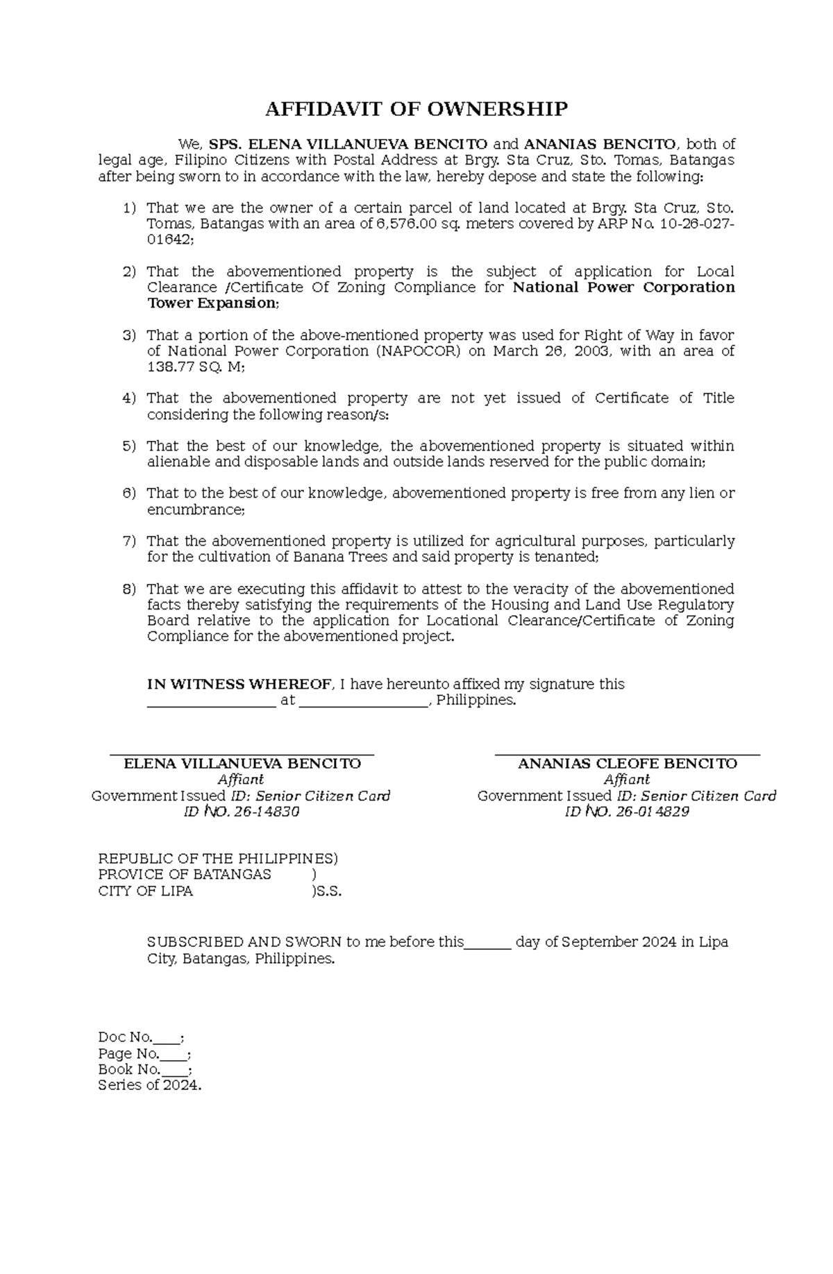 Affidavit of Adjoining Owners - Bencito Property Verification - Studocu