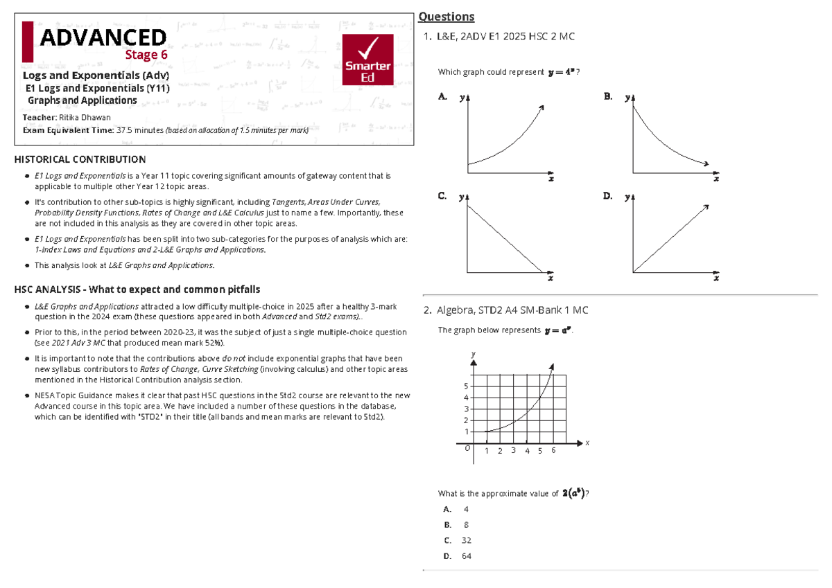 Task2 Question Bank: Exponential Functions (2ADV E1) - Studocu