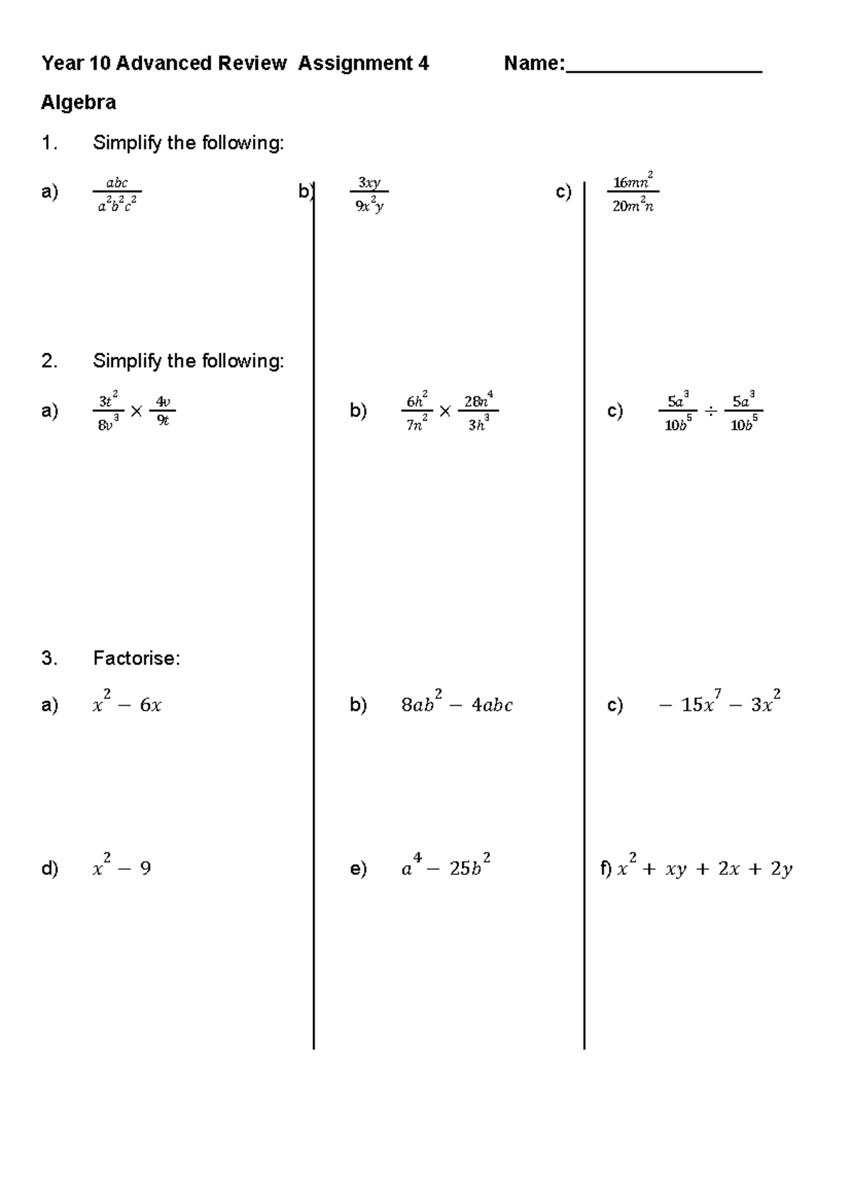 Year 10 Adv Algebra Assignment 4 Review & Practice - Studocu