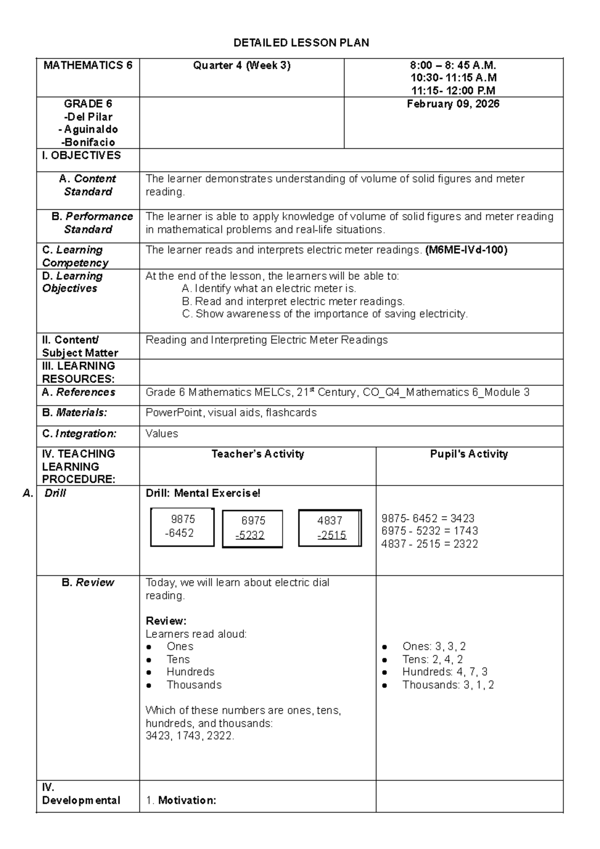 Mathematics 6 Lesson Plan: Electric Meter Reading (Q4) - Studocu