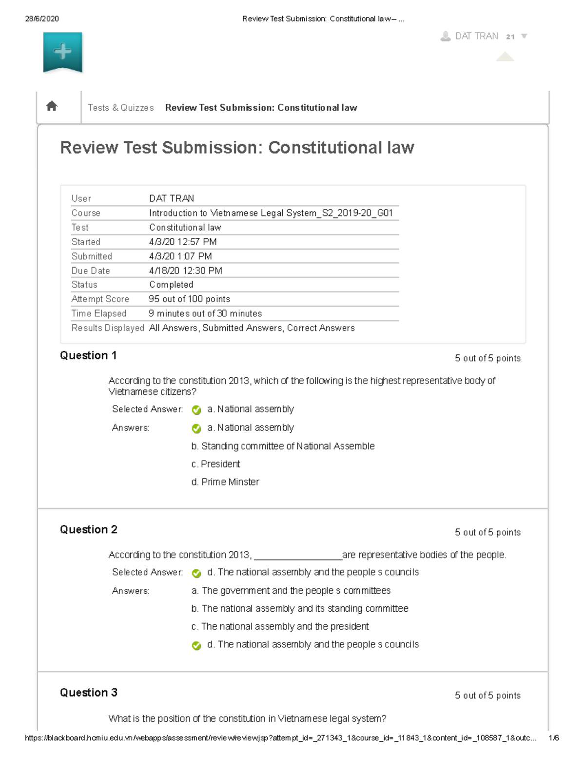 Quiz-constitutional-law - I t H Tests & Quizzes Review Test Submission ...