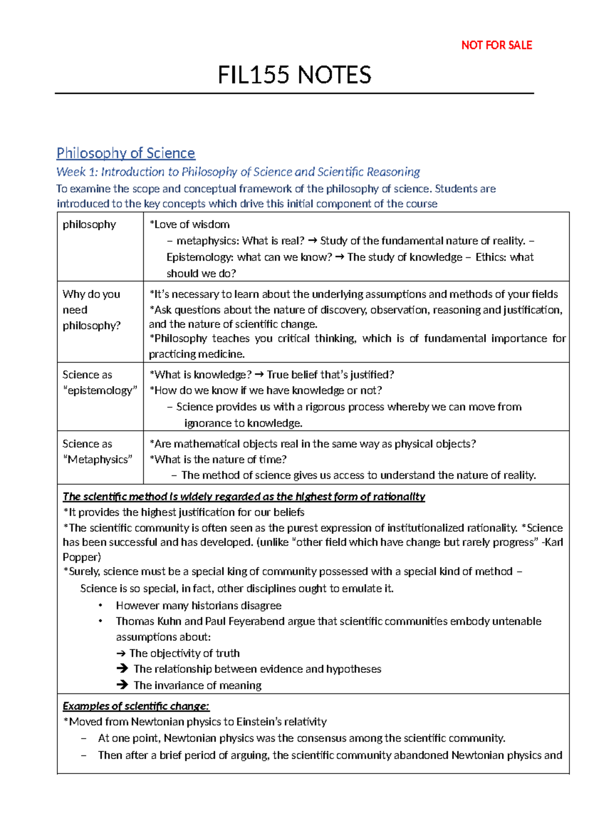 FIL155 Week 1-9 Notes: Philosophy of Science & Medicine Overview - Studocu