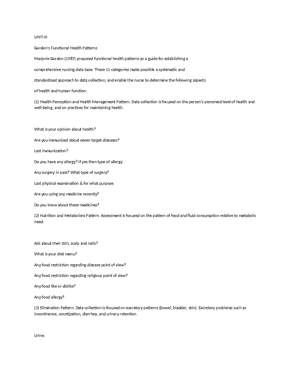 Gordon Pattern-WPS Office - UNIT-III Gordon's Functional Health ...
