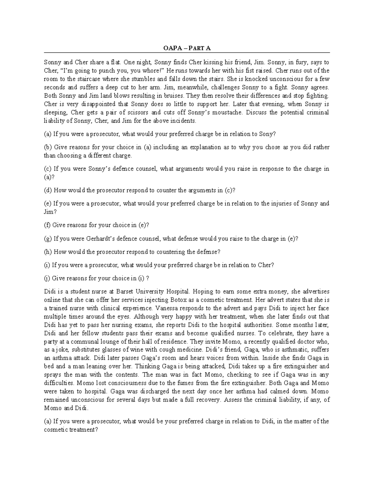 OAPA - Criminal Liability Practice Scenarios and Analysis - Studocu