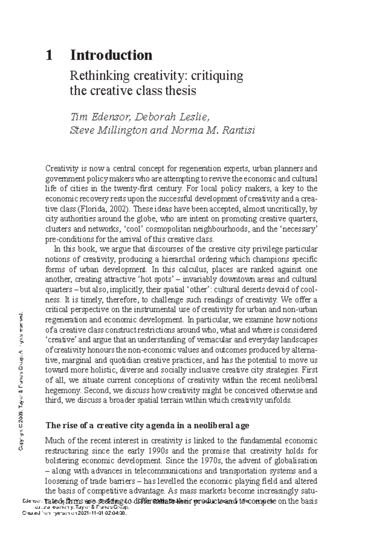 Rethinking creativity : critiquing the creative class thesis - plx111 ...