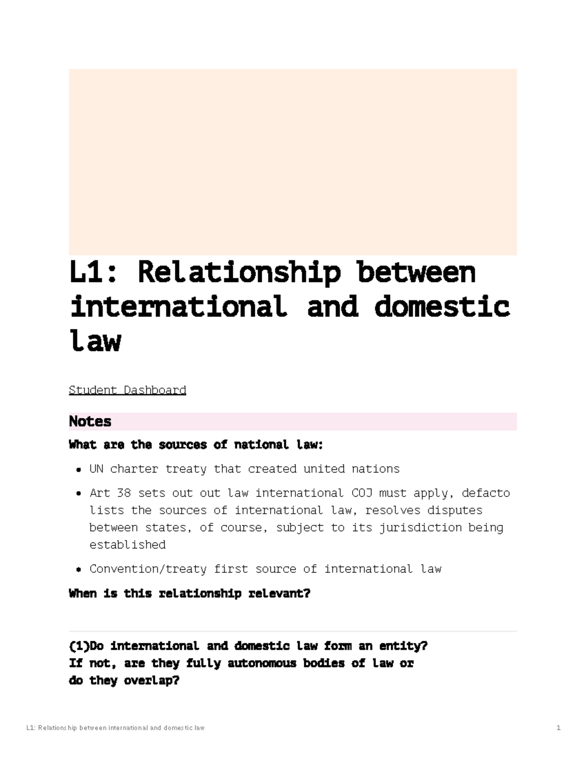 Lecture Notes on International and Domestic Law - Studocu